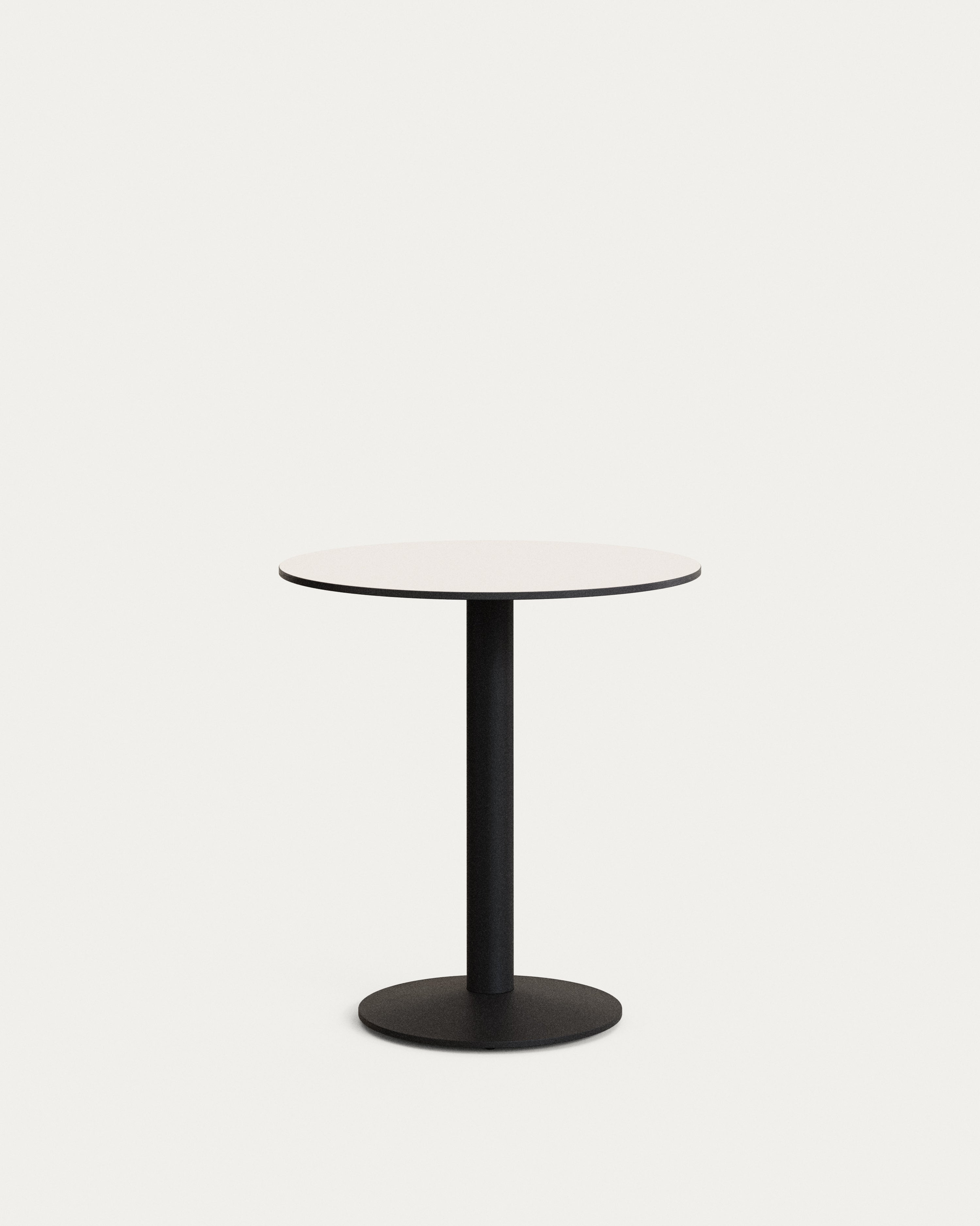 Esilda round outdoor table in white with metal leg in a painted black ...